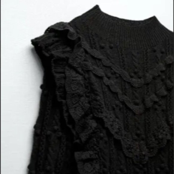 Zara | Sweaters | Zara Pointelle Ruffled Knit Sweater Black | Poshmark